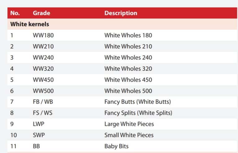 cashew size chart - Cashew Grading Machine | Cashew Color Sorter
